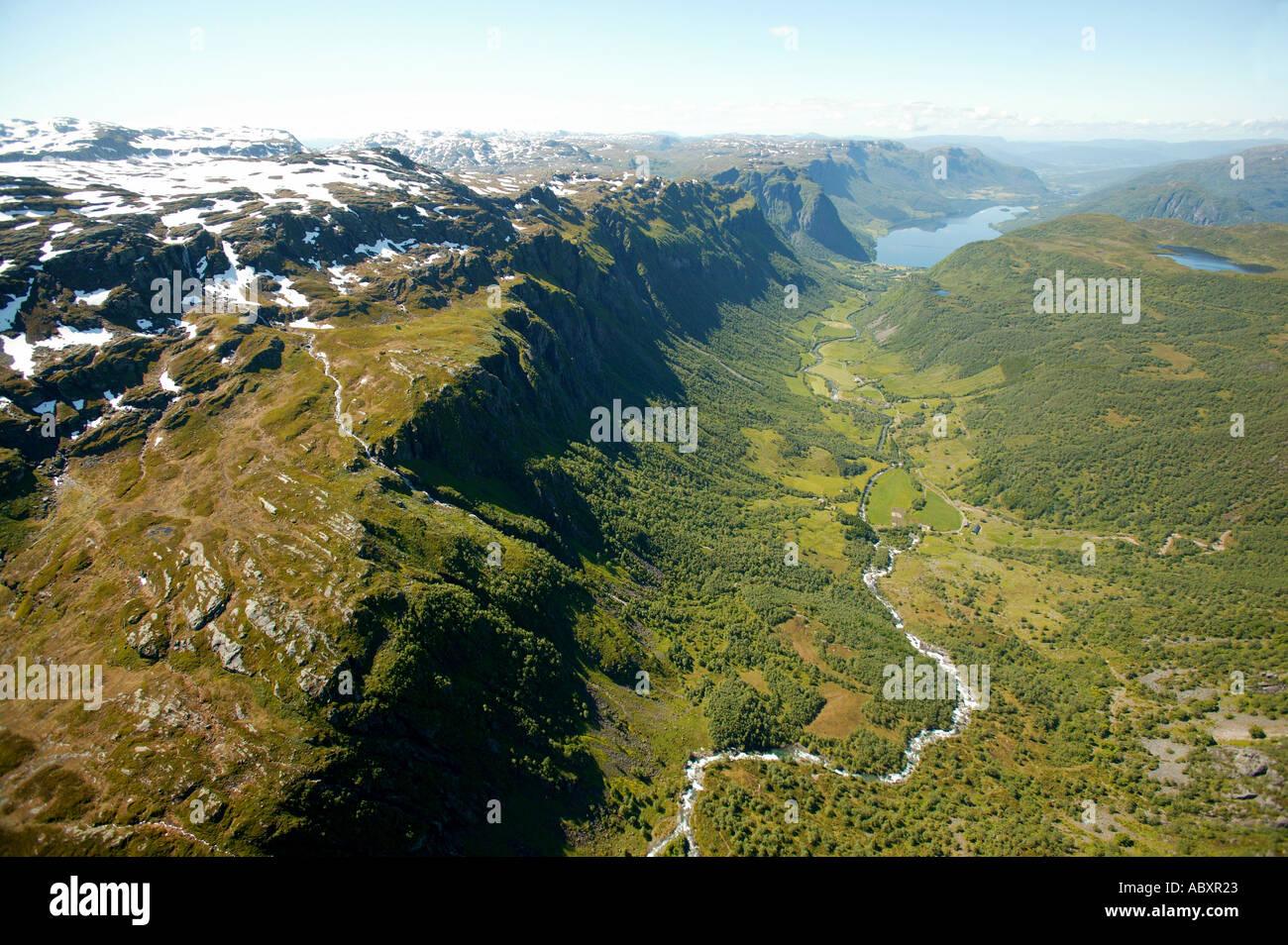 Aerial view over a valley, mountains and fjord in western Norway Stock ...