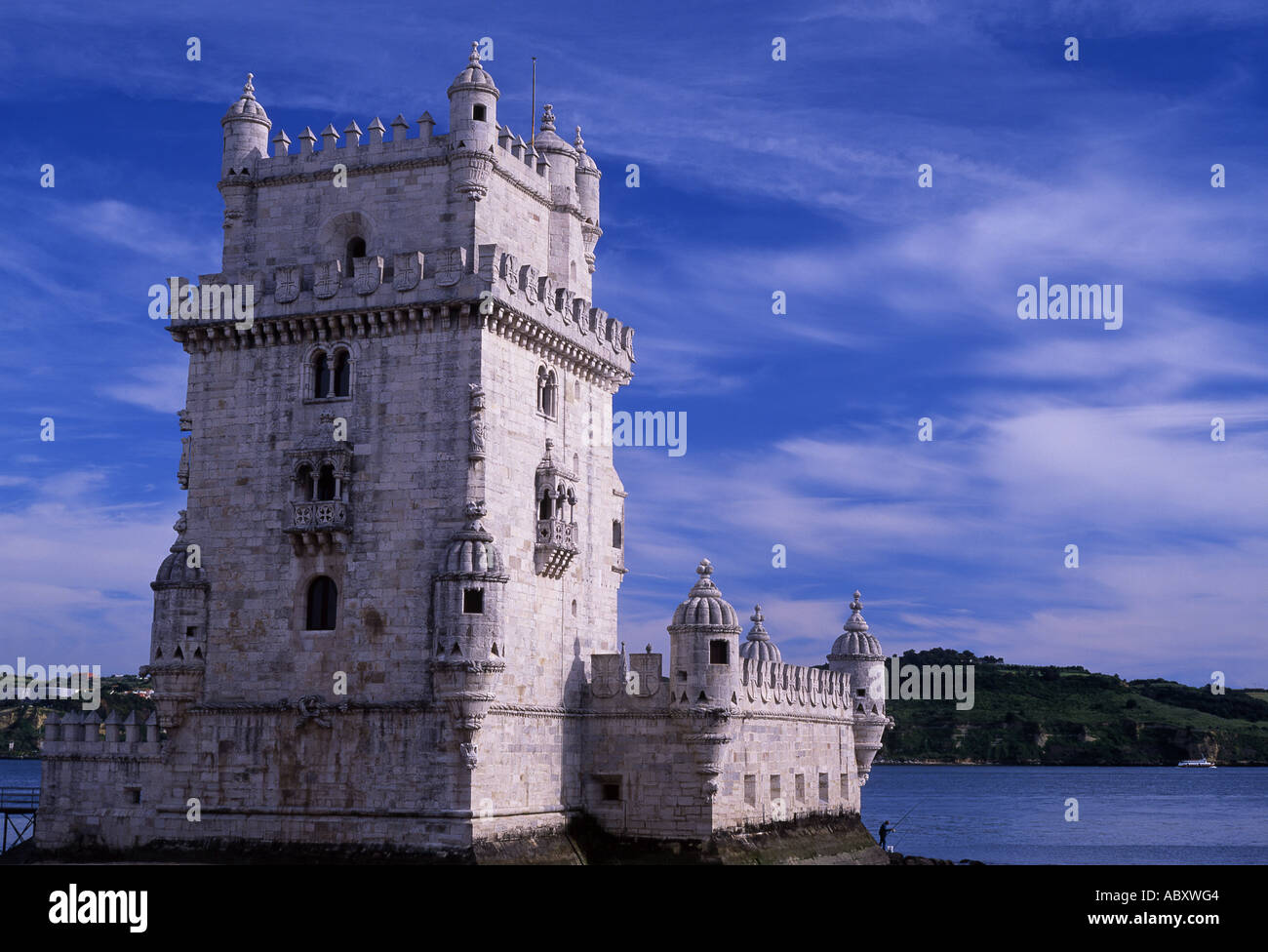 Belem Tower Torre de Belem Late afternoon view with river Tagus Tejo in ...