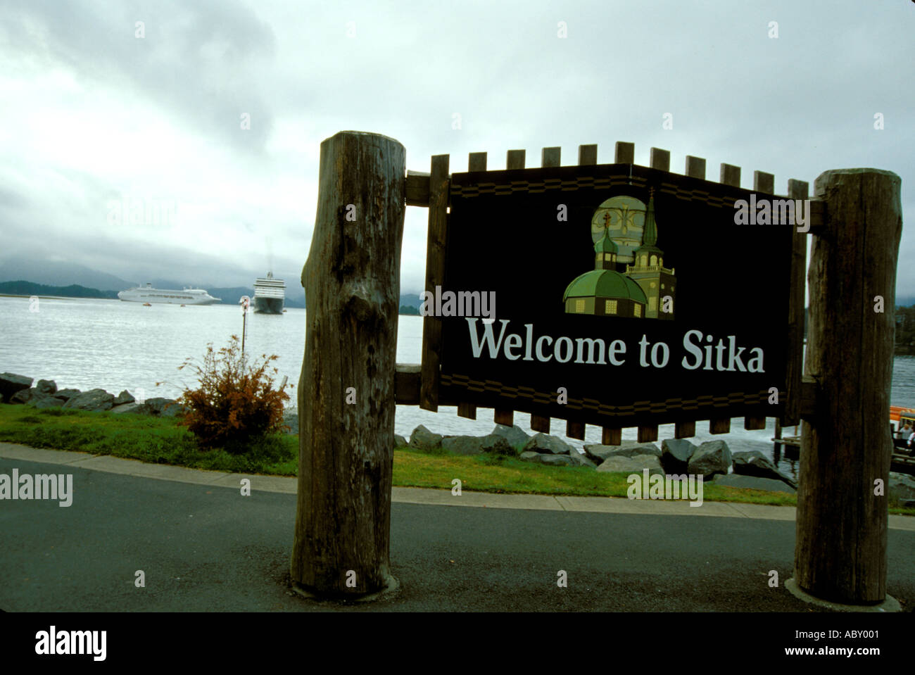 Welcome sign in Sitka Alaska AK in front of the harbor Stock Photo - Alamy