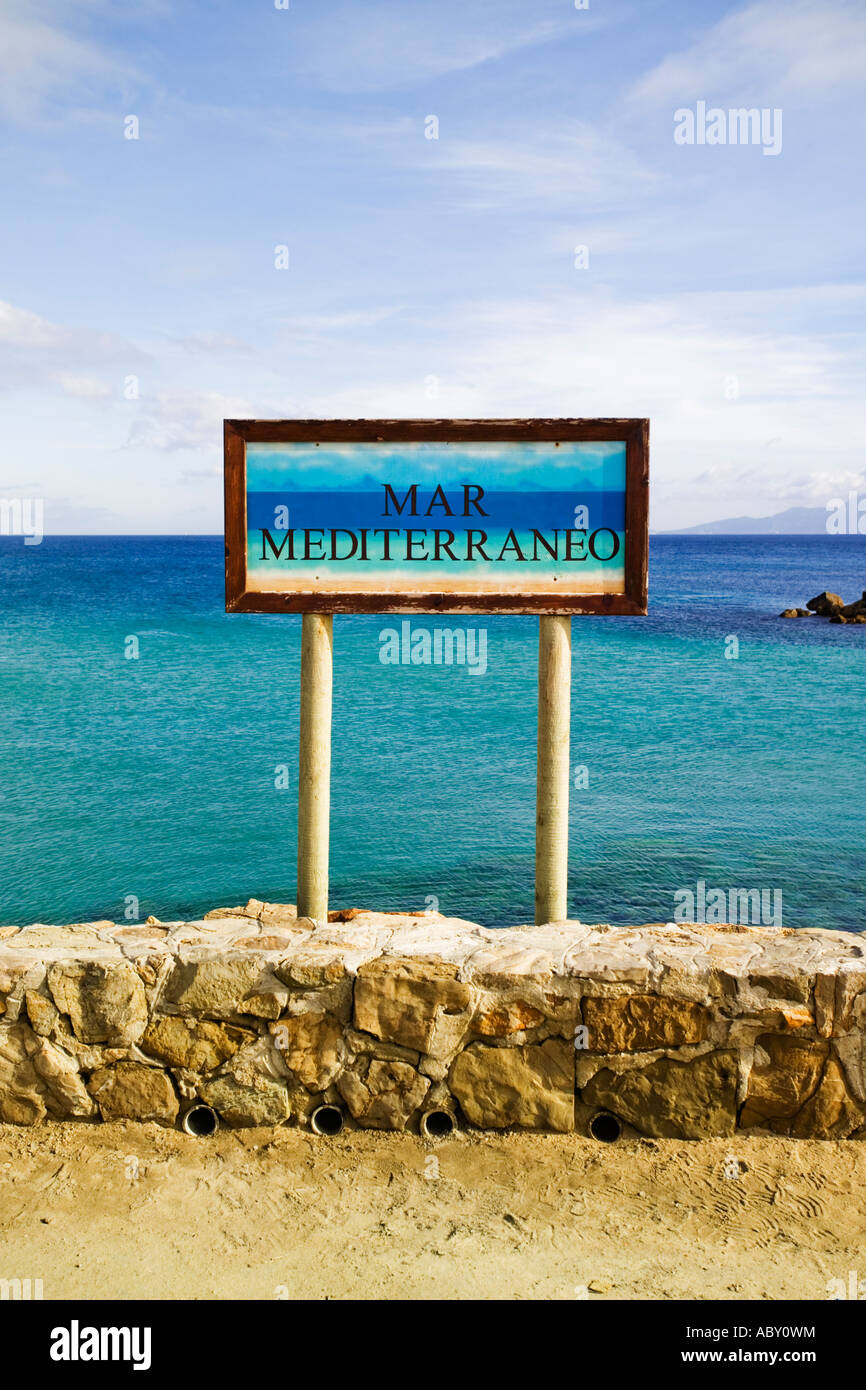 Mediterranean Sea sign at the end of the causeway in Tarifa Spain, Mar ...