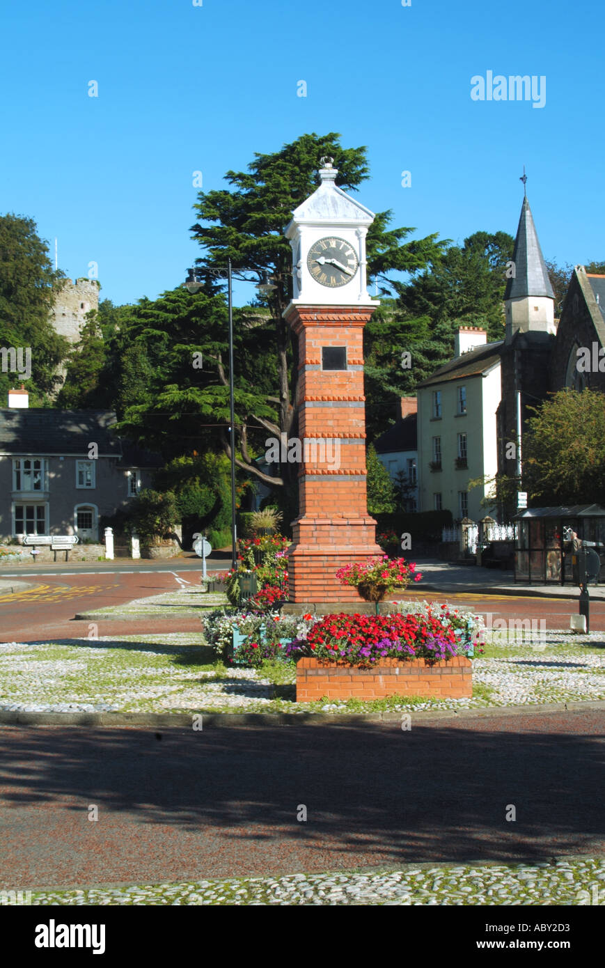 Usk Twyn Square with Victorian clock and tower with summer floral ...