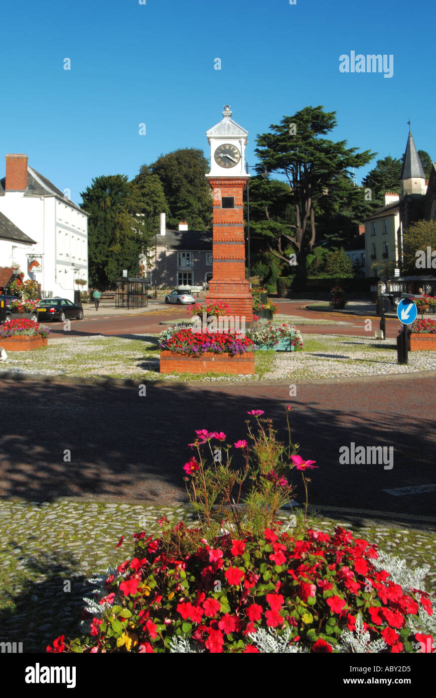 Usk Twyn Square with Victorian clock and tower with summer floral ...