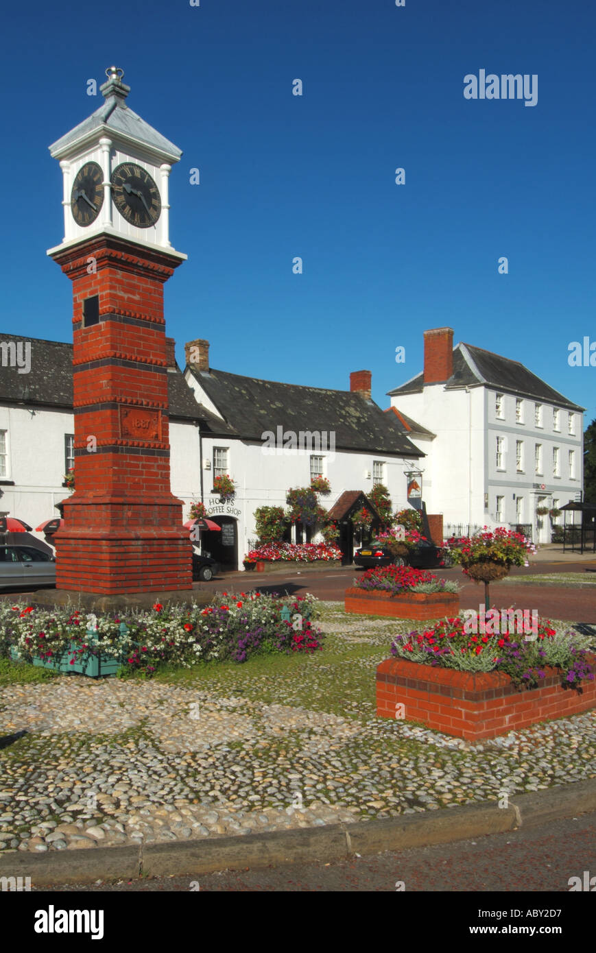 Usk Twyn Square with Victorian clock and tower with summer floral ...