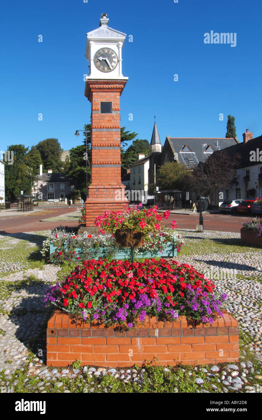 Usk Twyn Square with Victorian clock and tower with summer floral ...