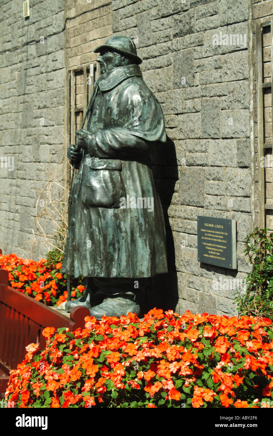 Llandovery statue of Drover with summer bedding floral display Stock ...