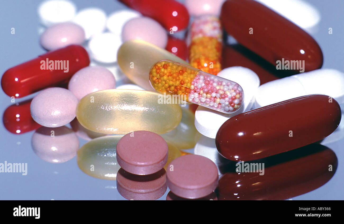 Different pharma products with diverse colours and sizes Stock Photo ...