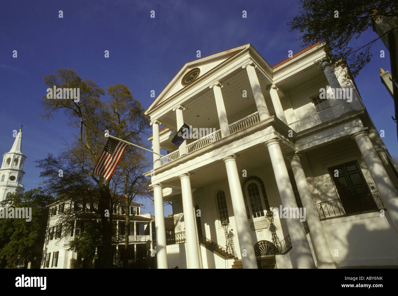 Charleston SC South Carolina large columns porch balcony flag St ...