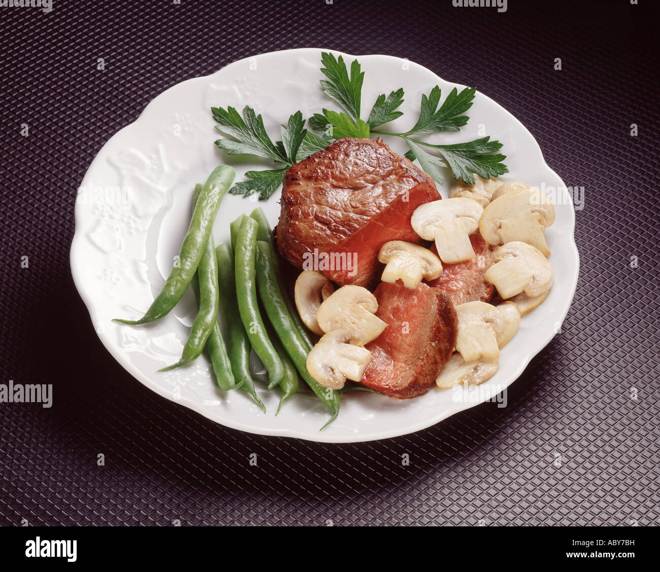formal dinner plate fillet mignon beef steak prime meat sliced ...
