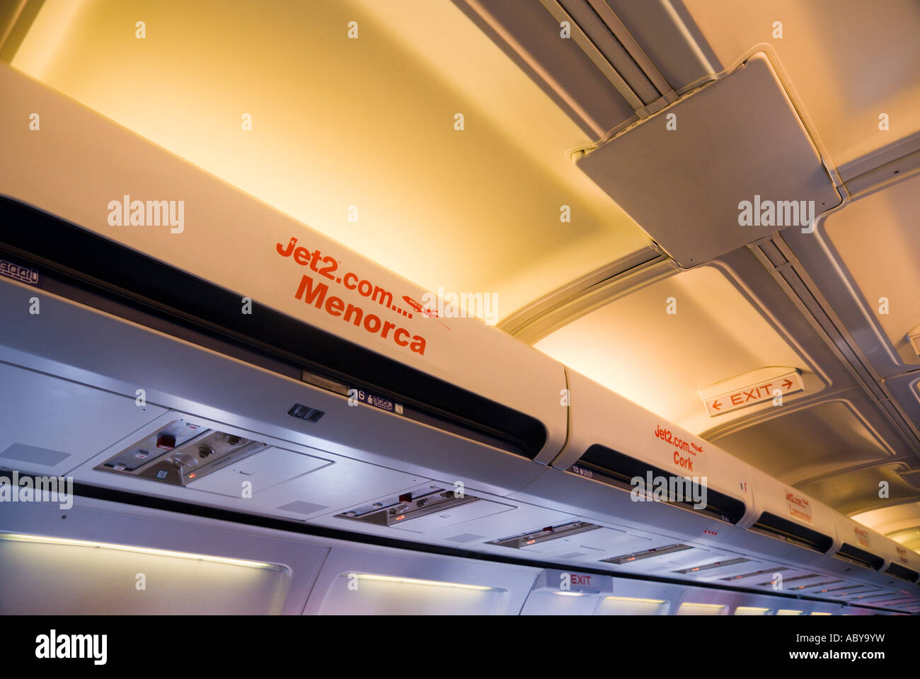 Jet2 interior of plane with destination name Menorca Stock Photo - Alamy