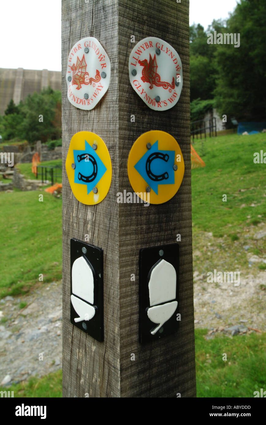 Llanidloes Bryntail Lead Mines marker post showing footpath signs for ...
