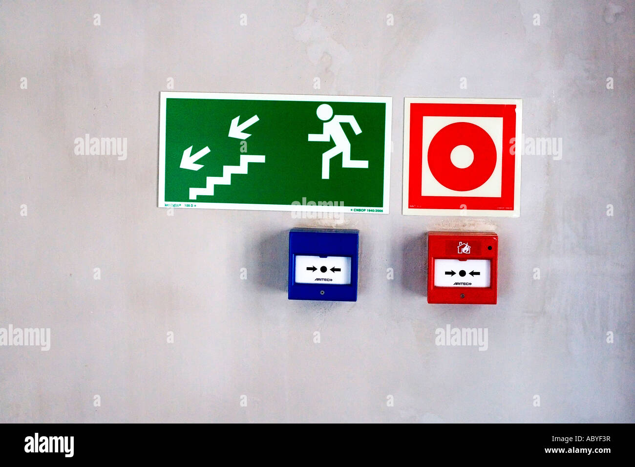 Fire Exit Sign and alarm sign Stock Photo - Alamy