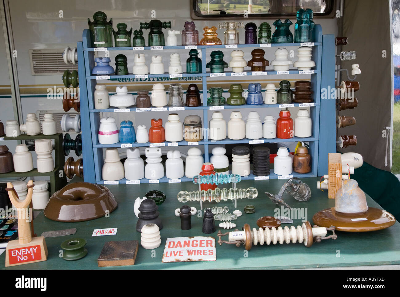 Collection of telegraph and telephone insulators on display Wales UK ...