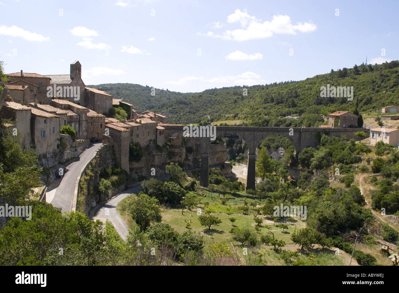 Bridge over the river Cesse at the Cathar village of Minerve Languedoc ...