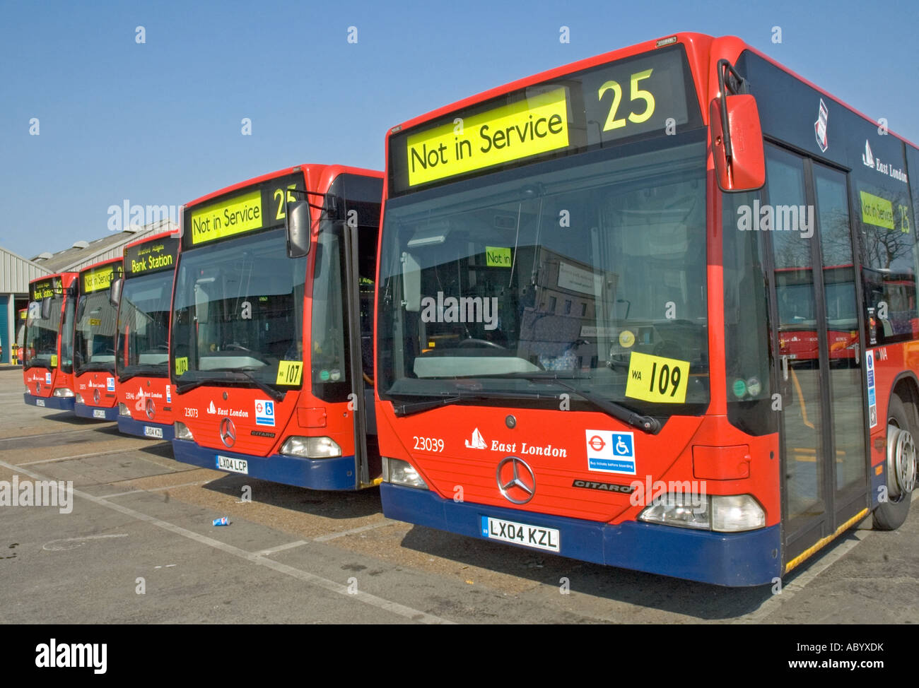 Bendy buses in garage Hackney London UK Stock Photo - Alamy