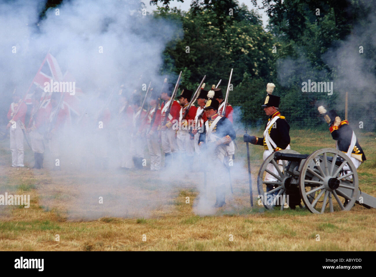 BATTLE of WATERLOO REENACTMENT with English artillery soldiers firing ...