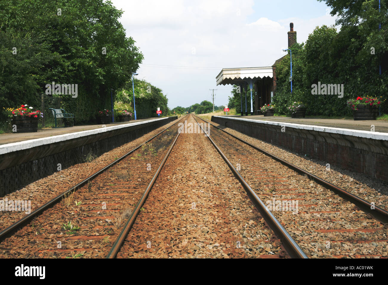 A view of the dual railway tracks and station on the Bittern Line at ...