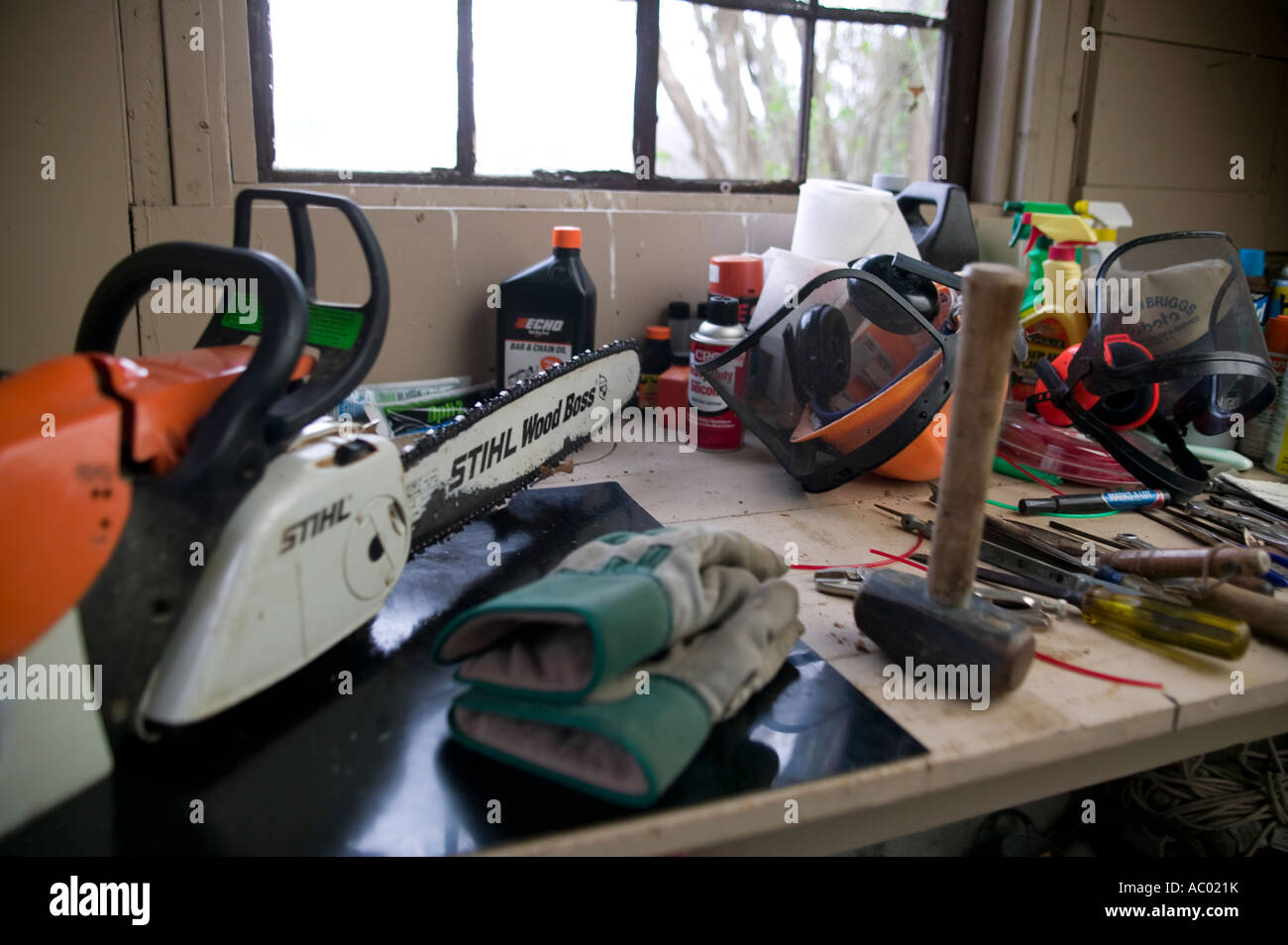 Tools on a shelf in a shed Stock Photo - Alamy