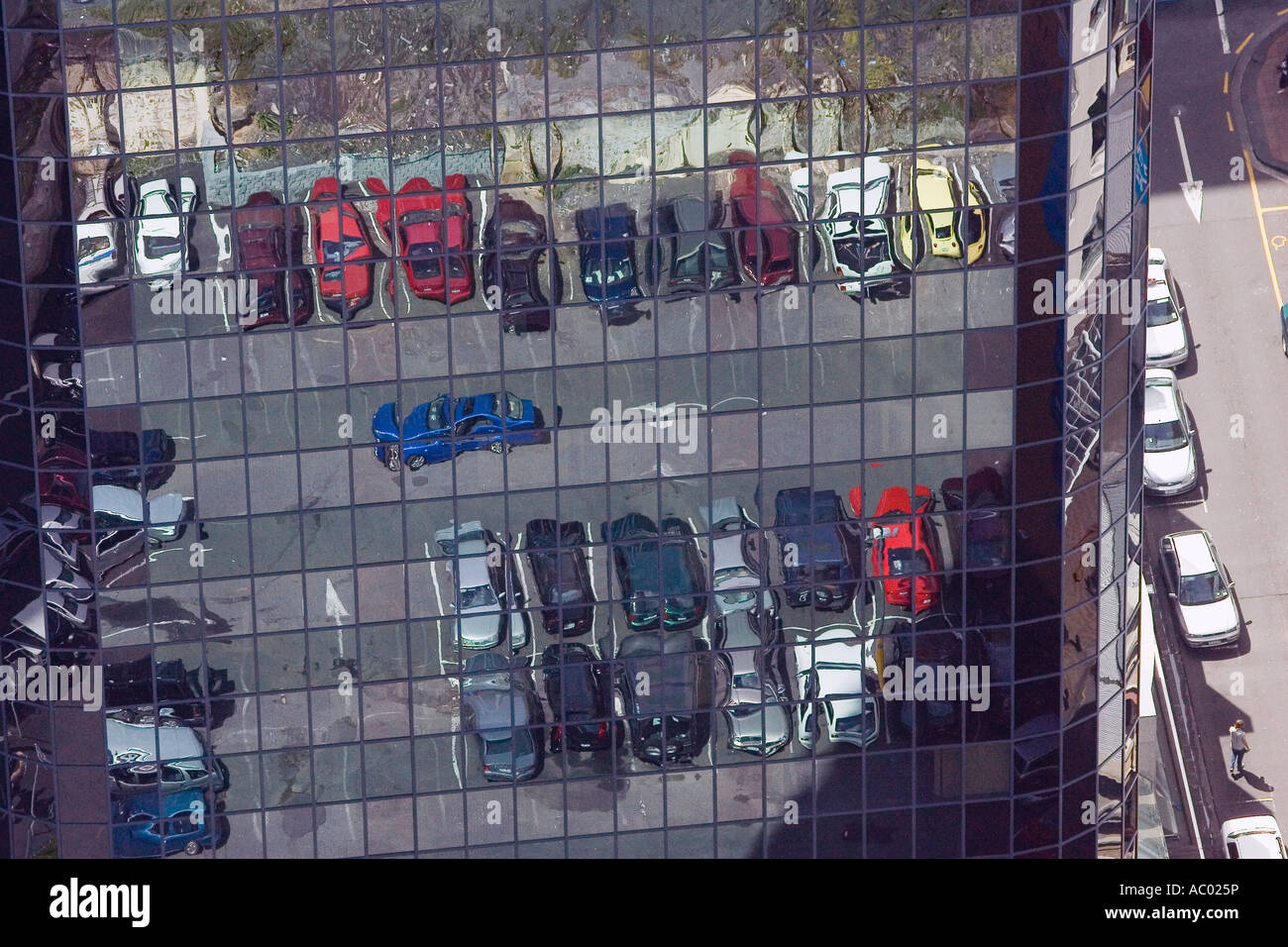 Car Park reflected in Glass Office Building Auckland North Island New ...