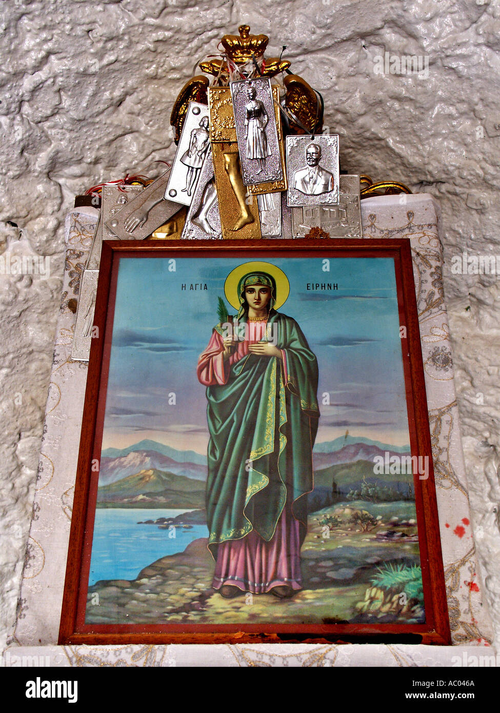 Saint Eirini Irene holding wooden cross silver offerings old church ...