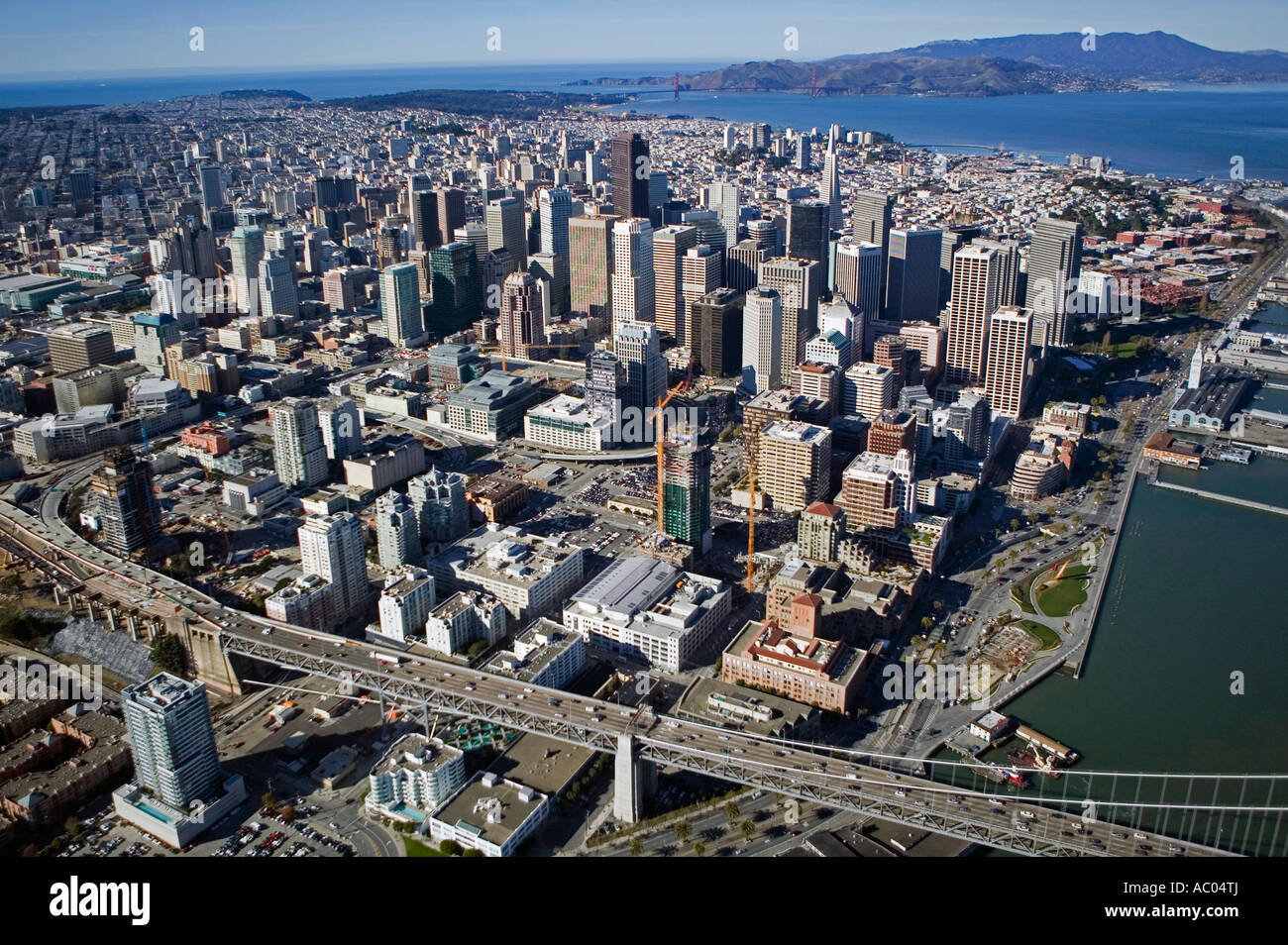 aerial above San Francisco, California Bay bridge waterfront Stock ...
