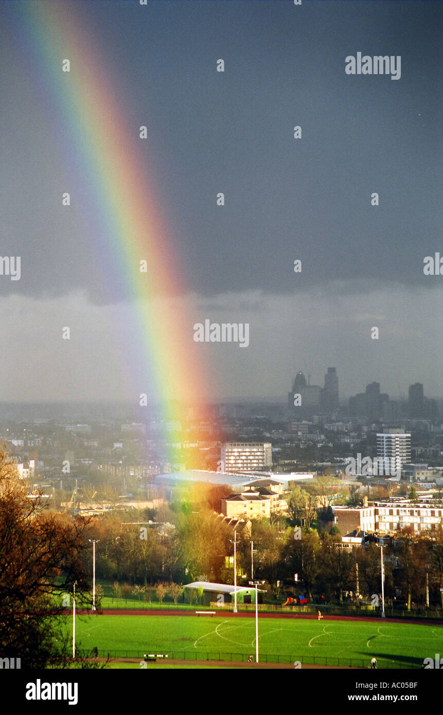 Rainbow over a storm stormy London England UK Stock Photo - Alamy