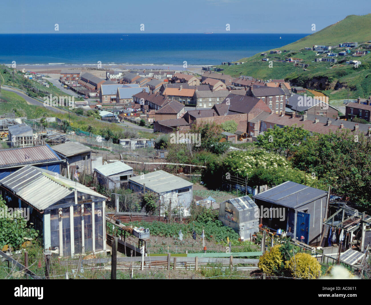 View over allotments and village of Skinningrove, Cleveland, England ...