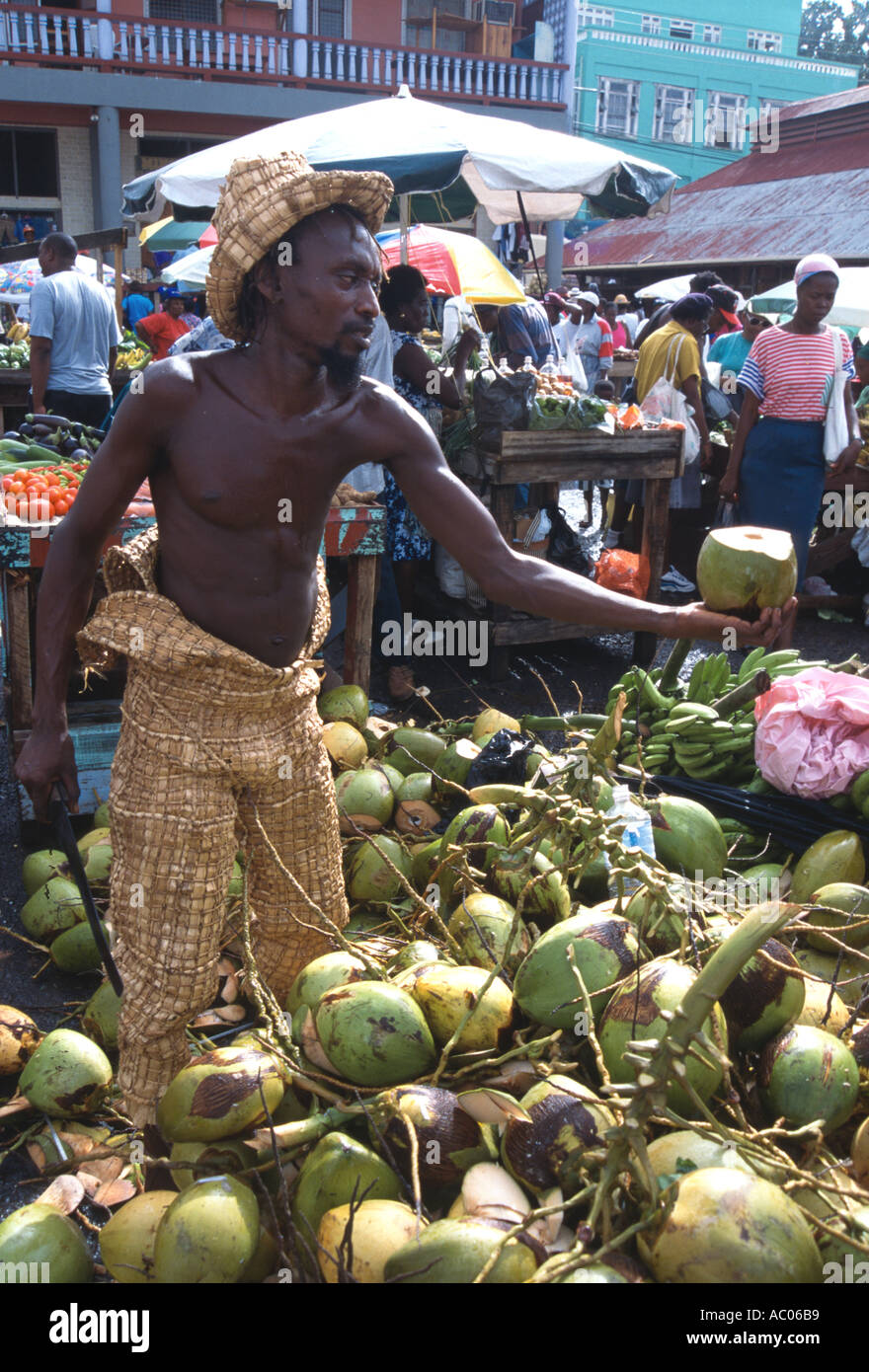 The coconut man in the market St Georges Grenada Windward islands ...