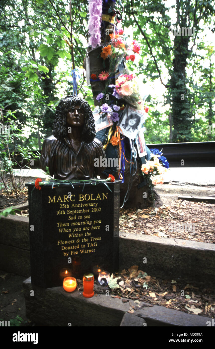 Memorial bust of Marc Bolan at the site where he died when his car ...