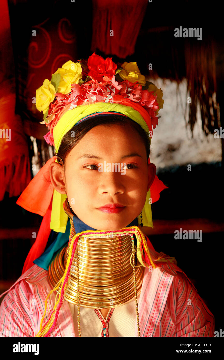 Portrait of a Padaung girl at a village in Chiang Rai, Thailand, South ...