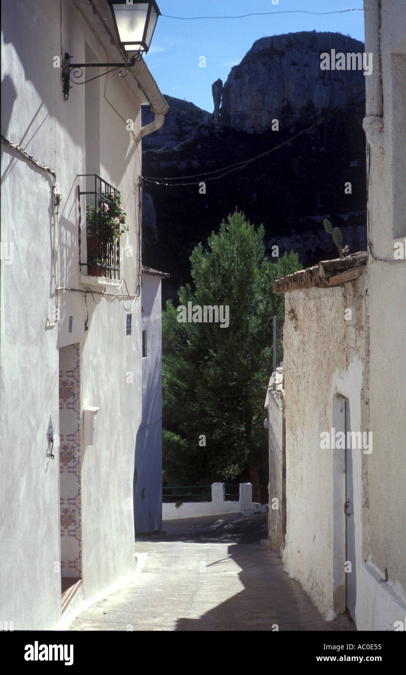 Village street with mountains in bg LOCATION Chulilla Valencia Spain ...