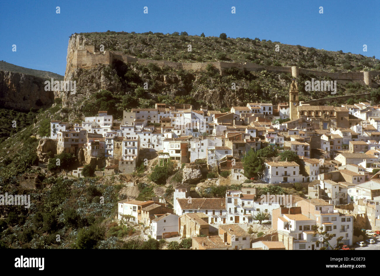 View of village from across valley LOCATION Chulilla Valencia Spain ...