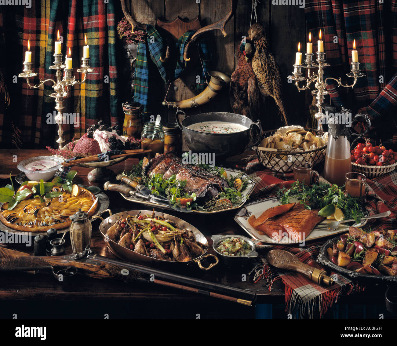 Scottish hunting lodge feast Venison grouse smoked salmon pheasant ...