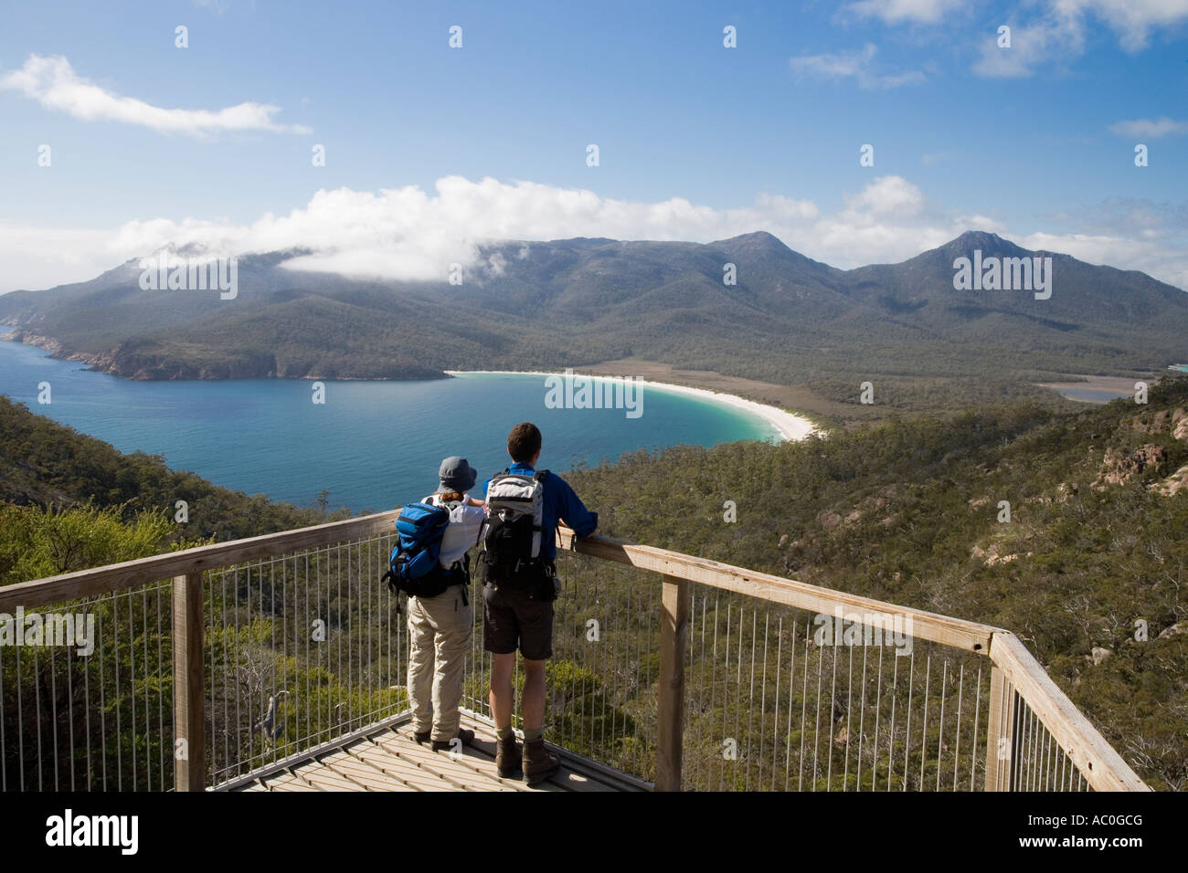 Tourists enjoy the view from Wineglass Bay Lookout on the Freycinet ...