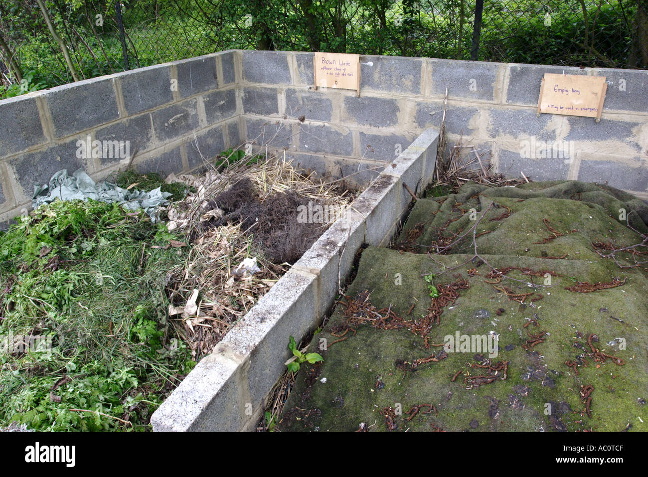 Large compartmented compost heaps purpose built from breeze blocks ...
