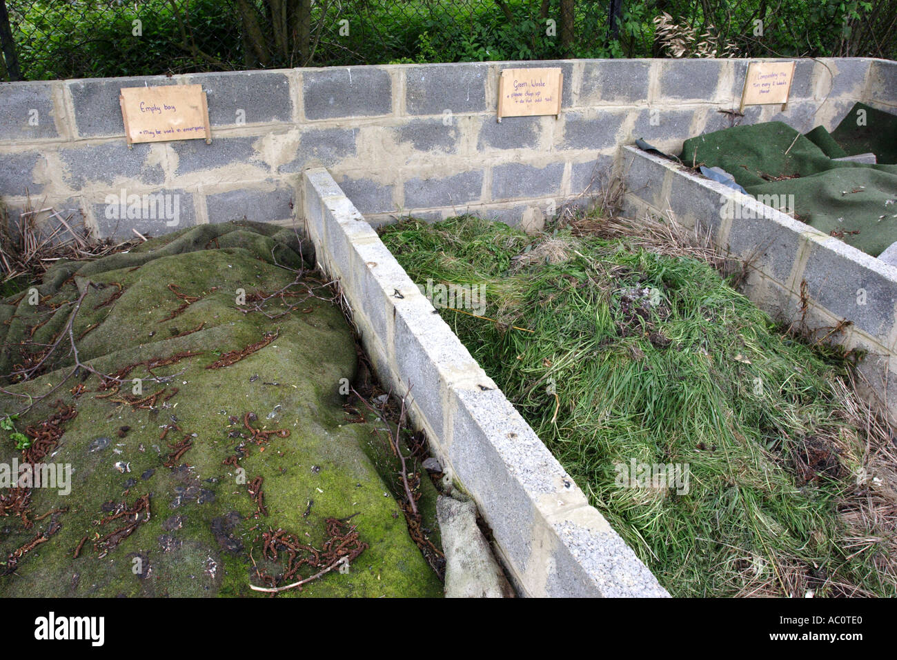 Large compartmented compost heaps purpose built from breeze blocks ...