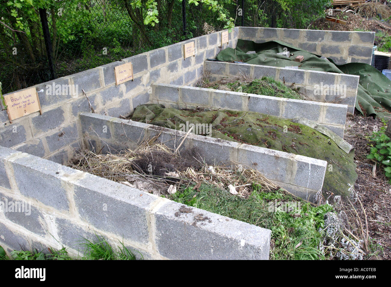 Large compartmented compost heaps purpose built from breeze blocks ...