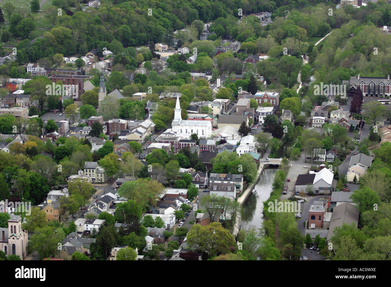 Aerial view of Lambertville on the Delaware River, New Jersey, U.S.A ...