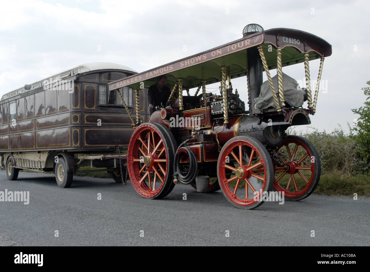 Fun Fair steam engine and trailer on the road in Wiltshire Stock Photo ...