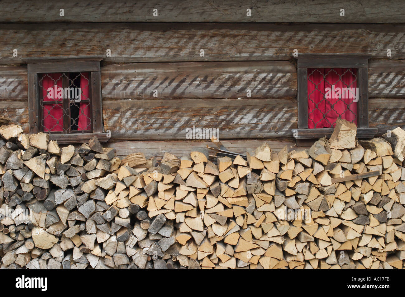 A stack of wood at the Olpen House in Studor in the Triglav National ...