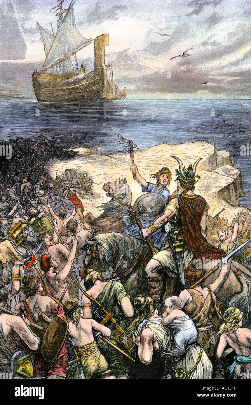 Teutons migrating from Italy into Gaul. Hand-colored woodcut Stock ...