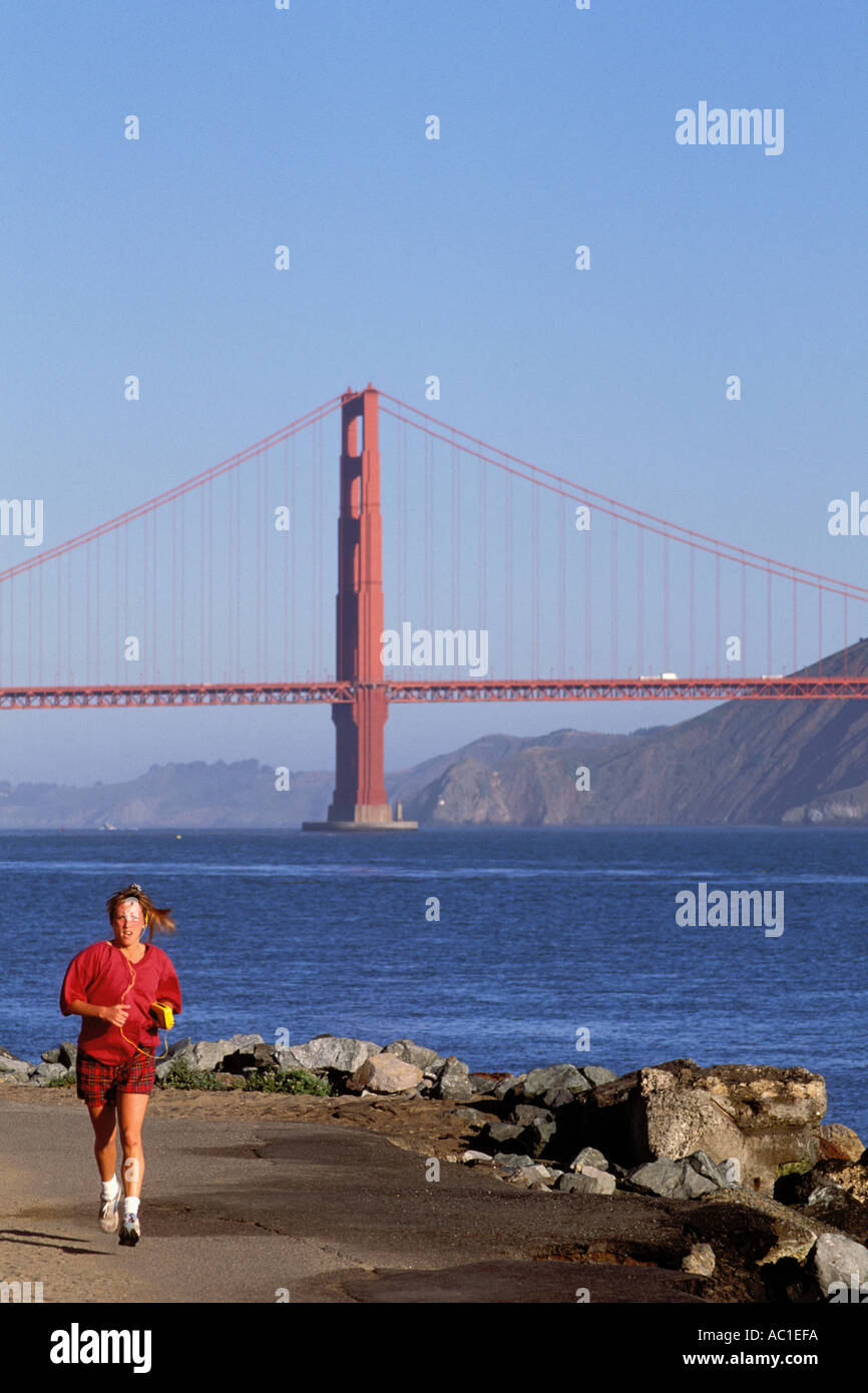 California, San Francisco, Runner with Golden Gate Bridge Stock Photo ...