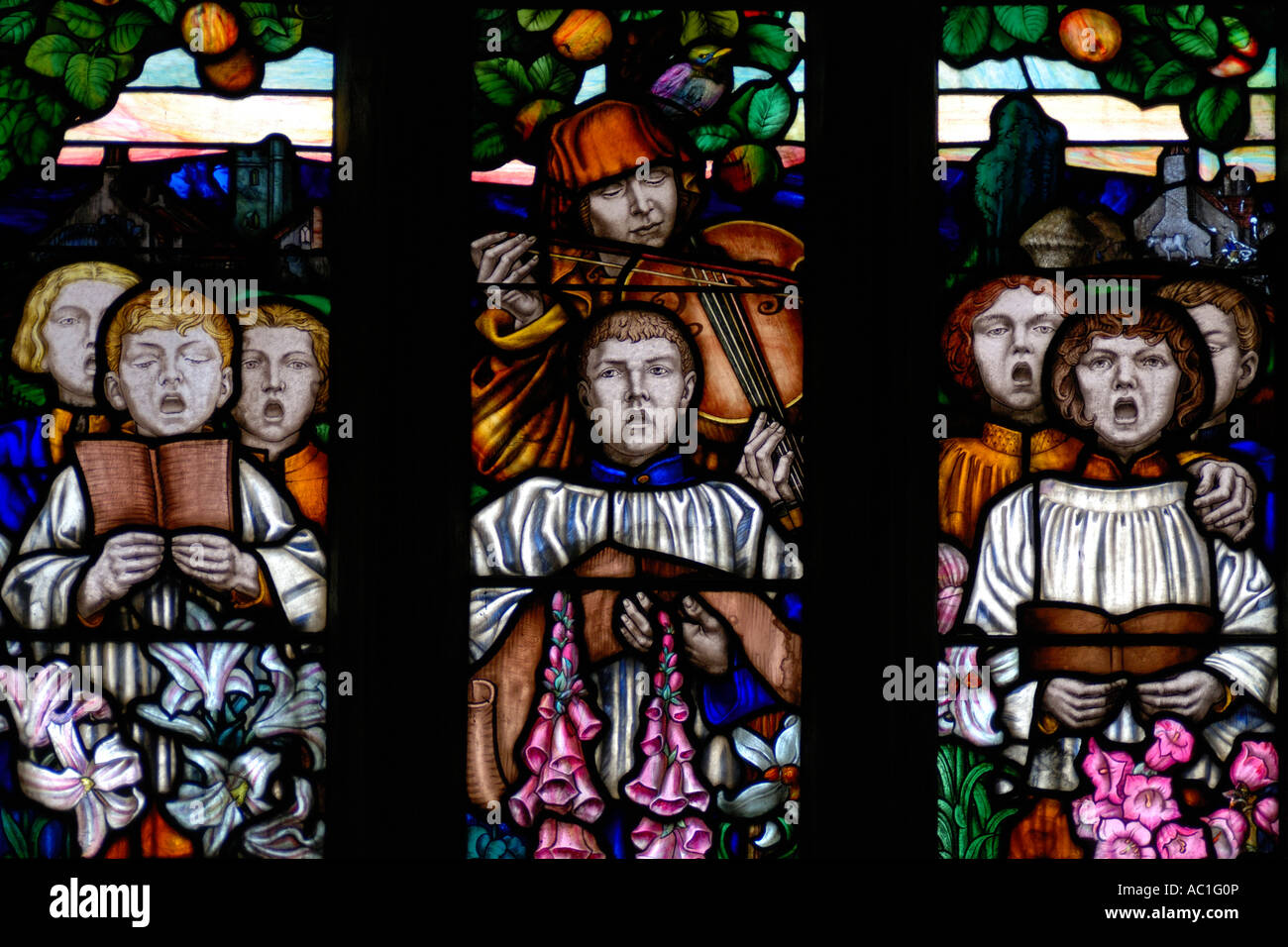 Section of a stained glass window in St Winifrid church in Manaton ...