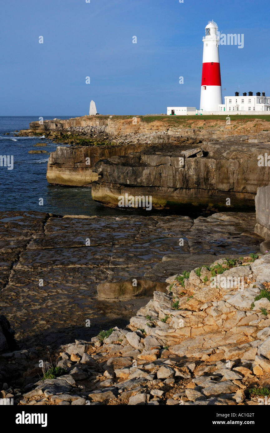 Portland Bill lighthouse taken from the clifftop above the treacherous ...