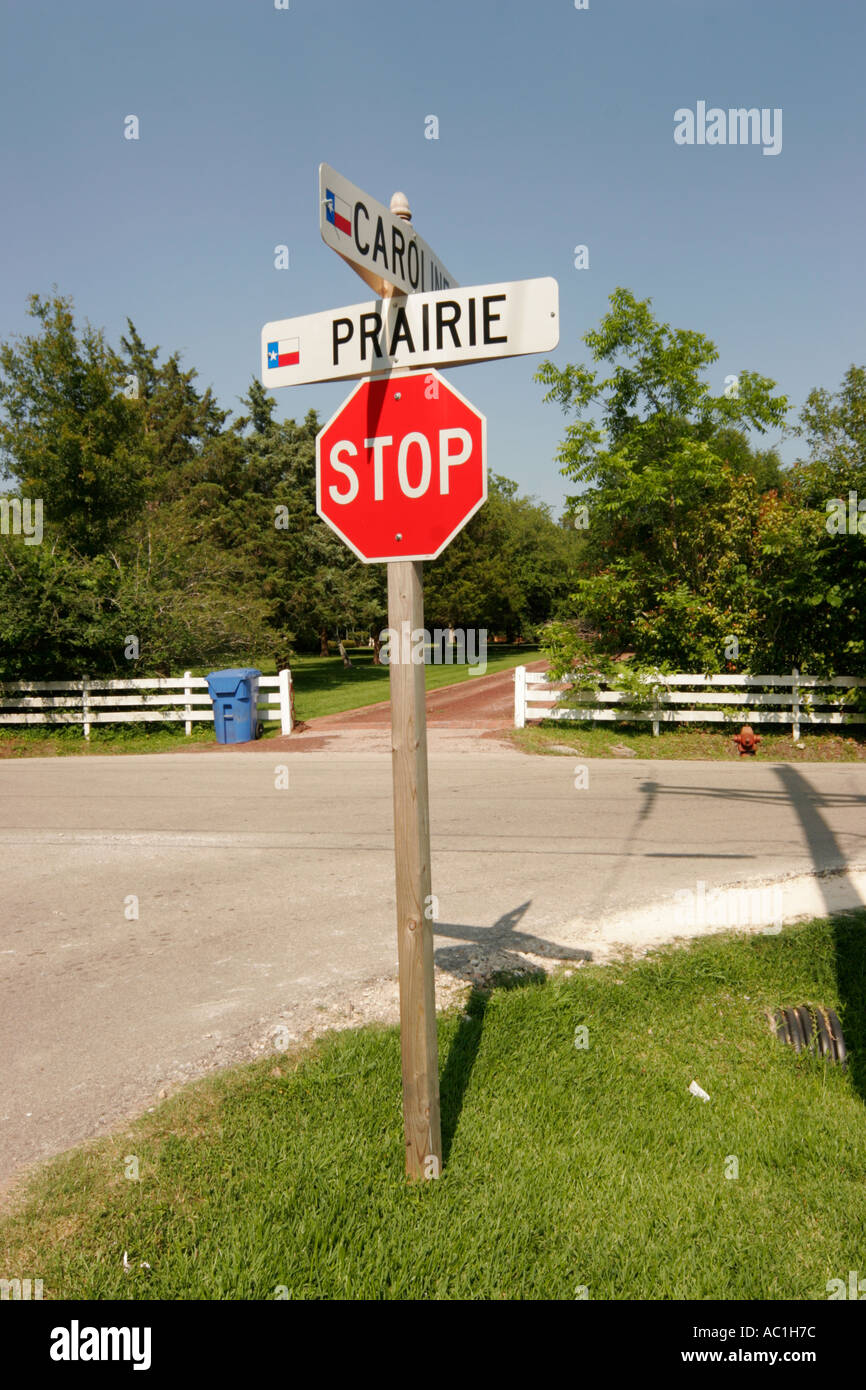 Montgomery Texas USA Caroline street Prarie st red stop sign Stock ...