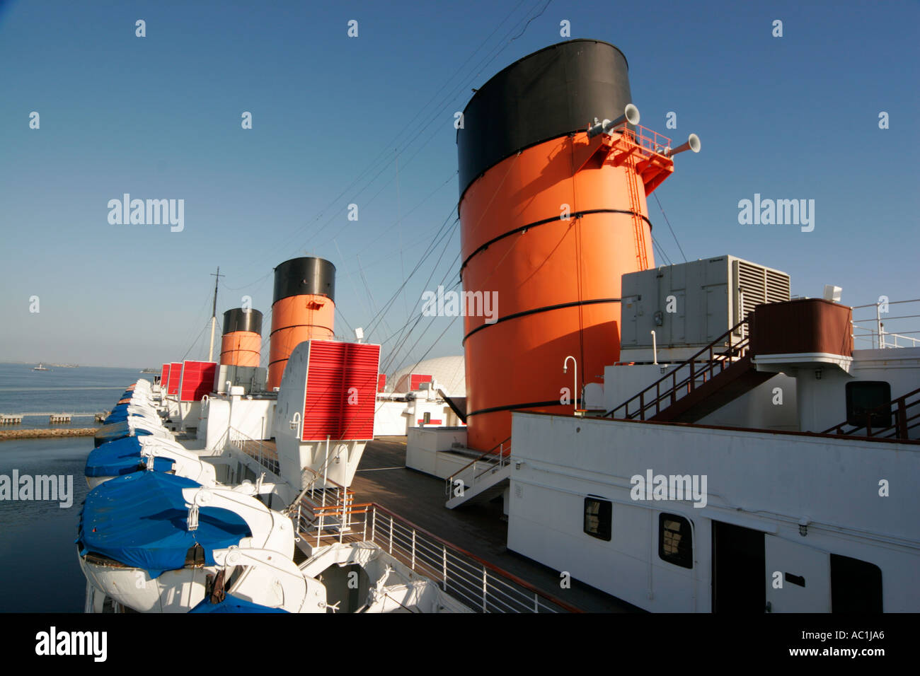 Royal Mail Steamer RMS Queen Mary Long Beach California View of funnel ...
