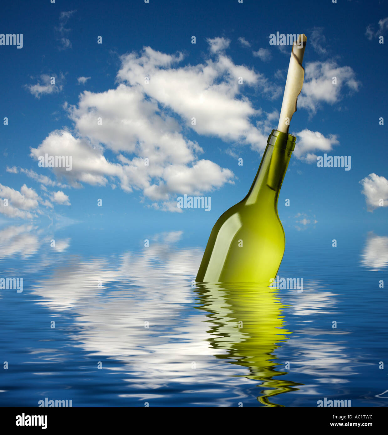 cloudy blue sky with bottle of wine floating in the sea with message in ...