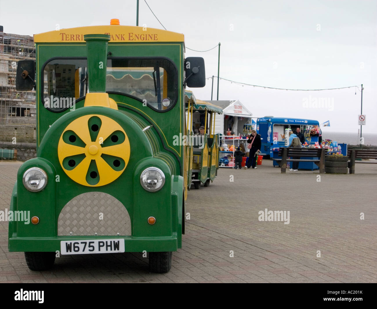 Road train and stalls on the seafront at Weston-Super-Mare at ...