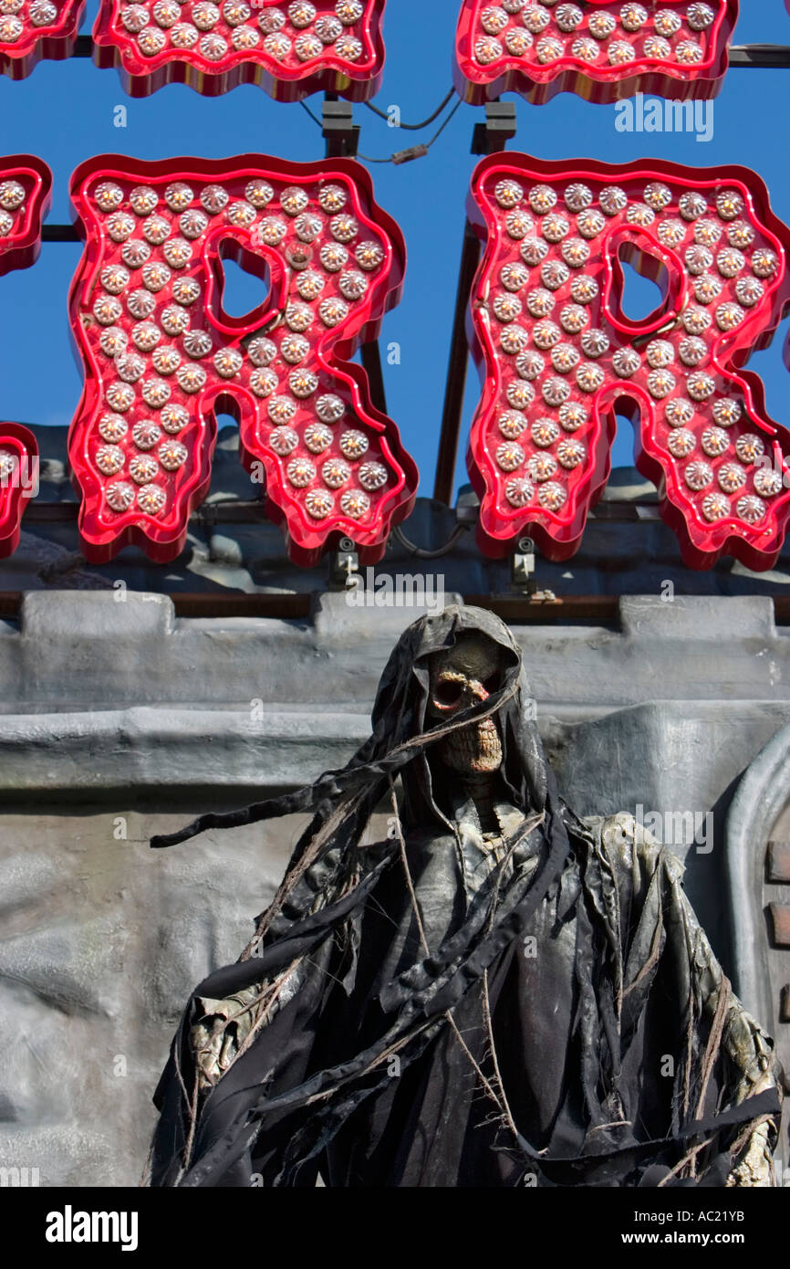 Scary skeleton outside fairground ghost train terror ride Stock Photo ...