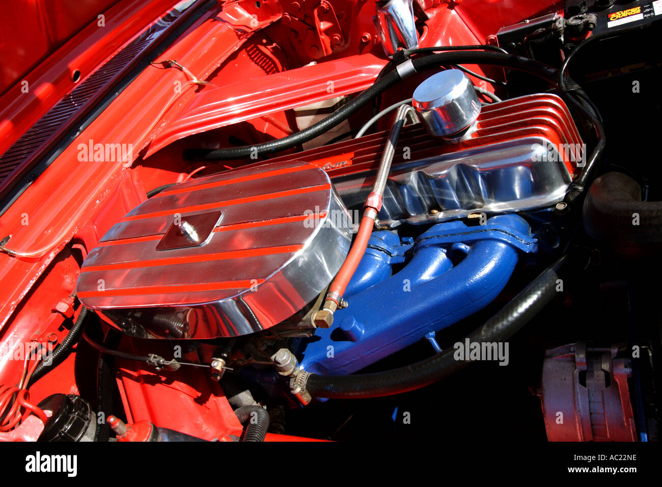 HOT ROD MOTOR IN RED CAR HORIZONTAL BAPDB7896 Stock Photo - Alamy