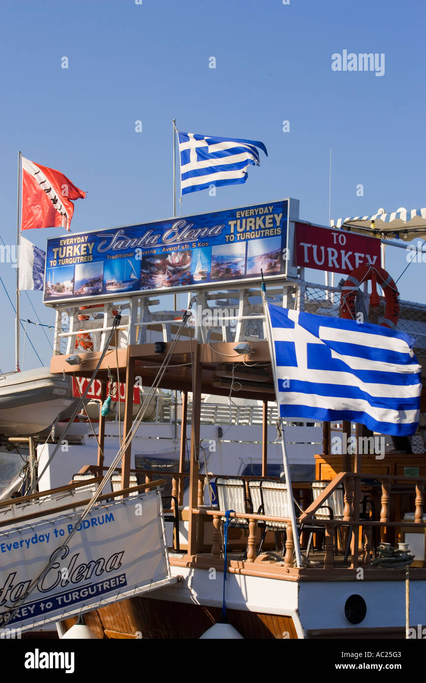 Part of a boat for day trips to Turkey at Mandraki harbour Kos Town Kos ...